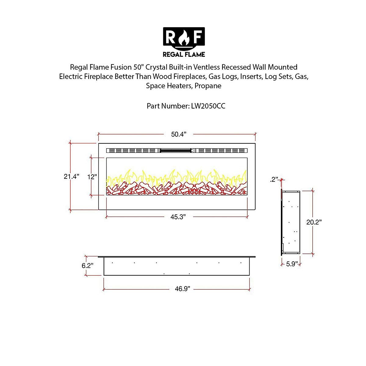 Moda Flame 50 Inch Cynergy Crystal Stone Built-in Wall Mounted Electric Fireplace