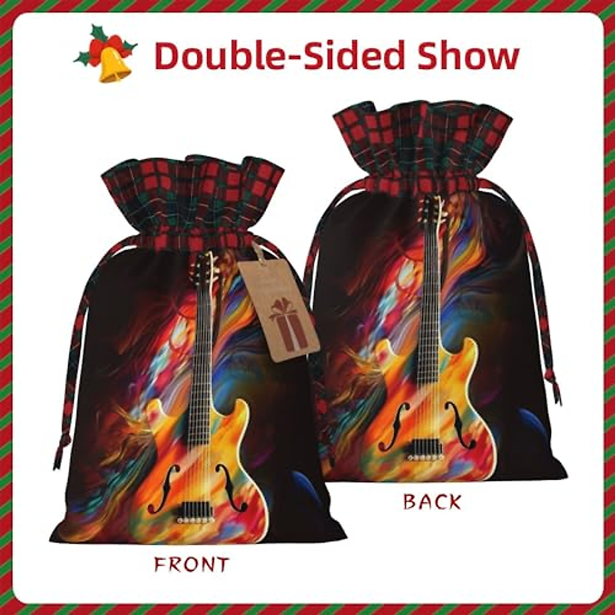 Christmas Gift Bags with Drawstring Burlap Gift Bags Abstract Guitar Christmas Linen Bags for Xmas Party Candy Bags with Cards Xmas Reusable Wrapping Bags Christmas Linen Treat Bags for Holiday