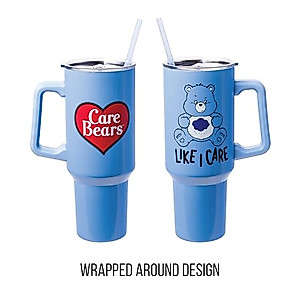 Silver Buffalo Care Bears Grumpy Bear Like I Care Stainless Steel Tumbler with Handle and Straw, Fits in Standard Cup Holder, 40 Ounces