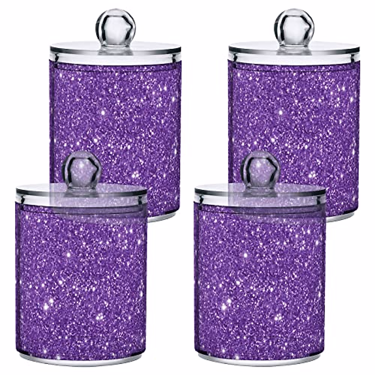 xigua 4 Pack Purple Glitter Apothecary Jars with Lid, Qtip Holder Storage Containers for Cotton Ball, Swabs, Pads, Clear Plastic Canisters for Bathroom Vanity Organization (10 Oz)