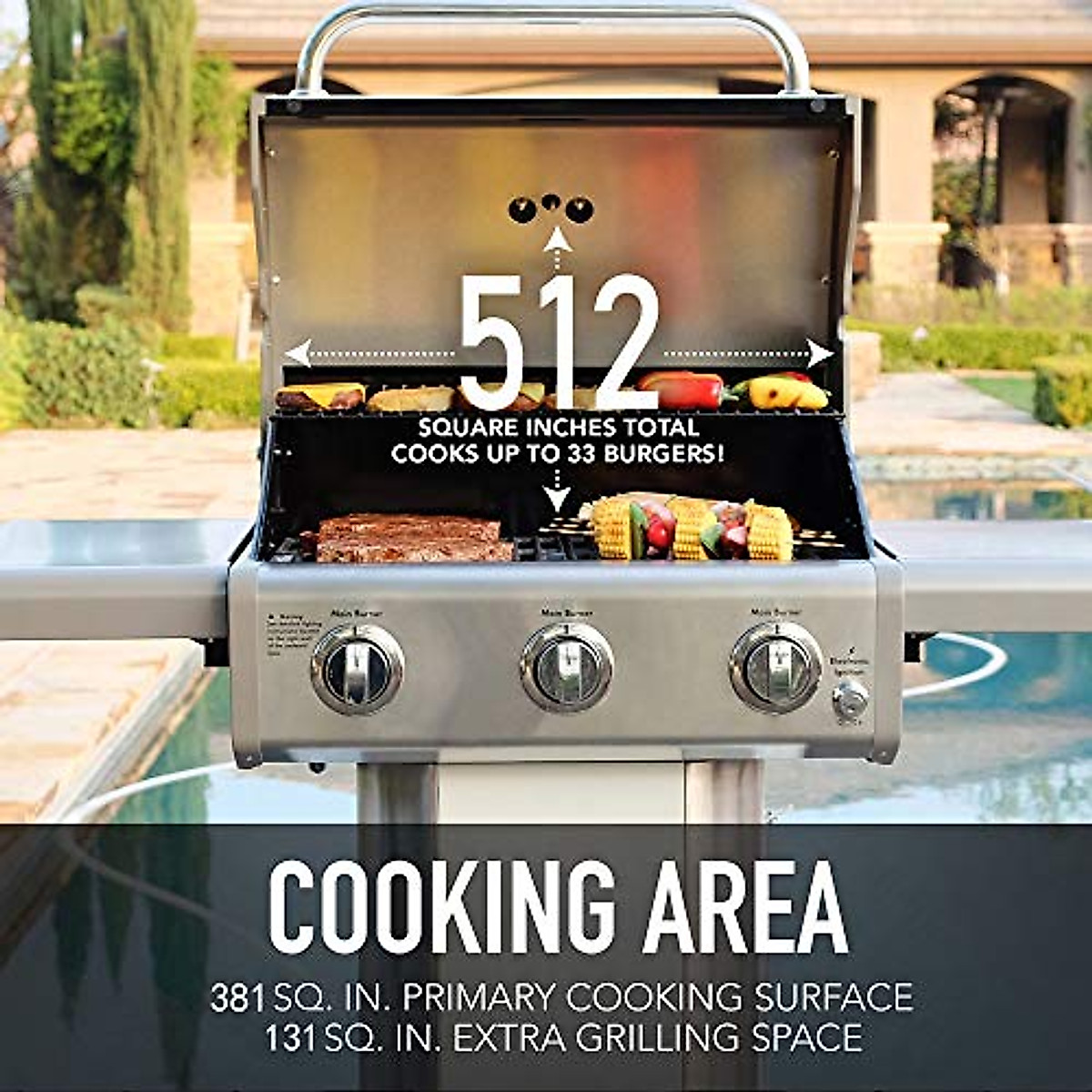 Kenmore 3-Burner Outdoor BBQ Grill | Liquid Propane Barbecue Gas Grill with Folding Sides, PG-A4030400LD-PE, Pedestal Grill with Wheels, 30000 BTU, Pearl White