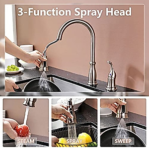 APPASO 3 Hole Kitchen Faucet with Pull Down Sprayer Stainless Steel Brushed Nickel, 2 Hole Pull Out Kitchen Sink Faucet with Side Single Handle and Soap Dispenser, 211BN