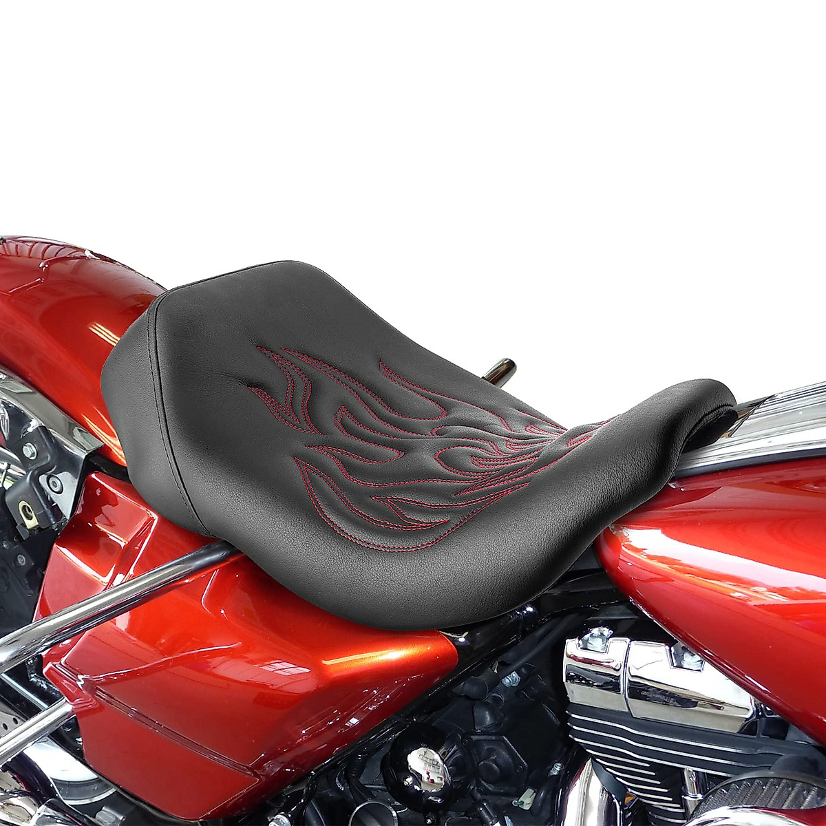 Mofun Solo Driver Seat Compatible with Harley Touring Street Road Electra Glide Road King Bagger Dresser 2008-2023, Red Flame