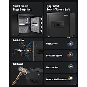 Kavey 1.6 Cub Safe Box, Home Safe with Digital Touch Screen Keypad and Sensitive Alarm System, Money Safe With Removable Shelf and LED Light, Small Safe for Money Jewelrys Documents Valuables