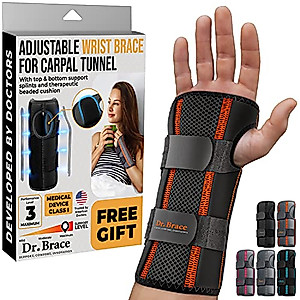 DR. BRACE Adjustable Wrist Brace Night Support for Carpal Tunnel, Doctor Developed, Upgraded with Double Splint & Therapeutic Cushion,Hand Brace for Pain Relief,Injuries,Sprains (L/XL Right Hand, Black-Orange)