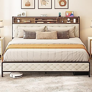 YITAHOME King Size Bed Frame, Platform Bed Frame with Charging Station, Upholstered Storage Headboard & Footboard Metal Slats Supports Mattress Foundation, No Box Spring Needed, Beige