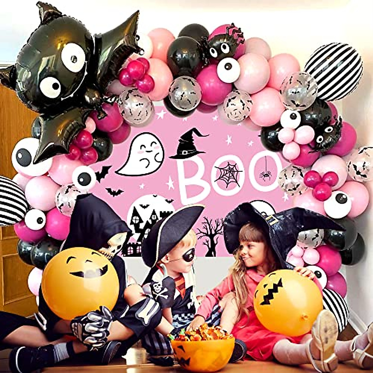 129 Pcs Halloween Balloon Arch Garland Kit with Pink Black Rose Red Balloons Bat Spider Foil Balloons and Boo Themed Backdrop for Girl Birthday Party Halloween Party Decorations
