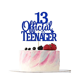 Blue Glitter 13 Official Teenager Cake Topper, Cheers to 13 Years Decor, 13th Birthday Party Decorations