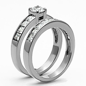 Marimor Jewelry His and Her 3 Piece Stainless Steel 3.25 Carat Cubic Zirconia Bridal Set and Men's Classic Wedding Band Women's Size 08 Men's 08mm Size 14