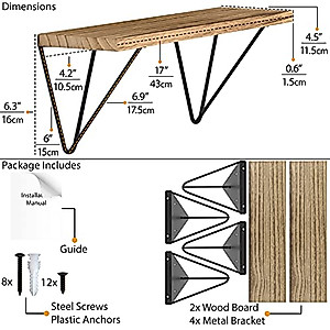 Wallniture Colmar Floating Book Shelves for Wall, 17"x 4.5" Rustic Bookshelf for Living Room Decor, Plant Shelf and CD DVD Storage Shelf Set of 2, Natural Burned