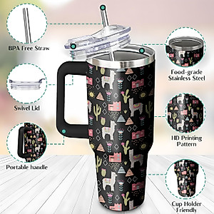Ksoemar 40 Oz Llama Tumbler with Handle and Straw, Double Wall Stainless Steel Llama Cup, Alpaca Mug Insulated Llama Coffee Mug, 40 Oz Llama Mugs with Handle and Straw for Women Gifts