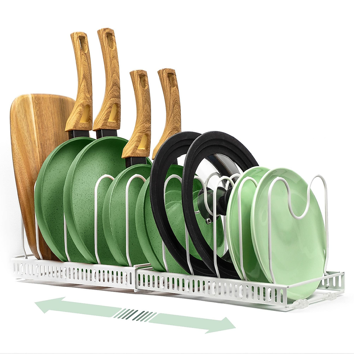 taabooh Adjustable Pot And Pan Organizer Rack - Aesthetic Pot Lid Organizer Rack - Durable Cookware Rack And Baking Pan Organizer - Expandable Horizontal Frying Pan Organizer With 10 Dividers