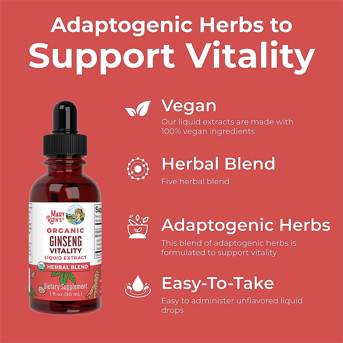 MaryRuth's Herbal Supplement for Brain Function | Boost Energy | Memory | Vitality USDA | Ginseng with Ashwagandha | Eleuthero and Maca Root Extract | 1 Fl Oz