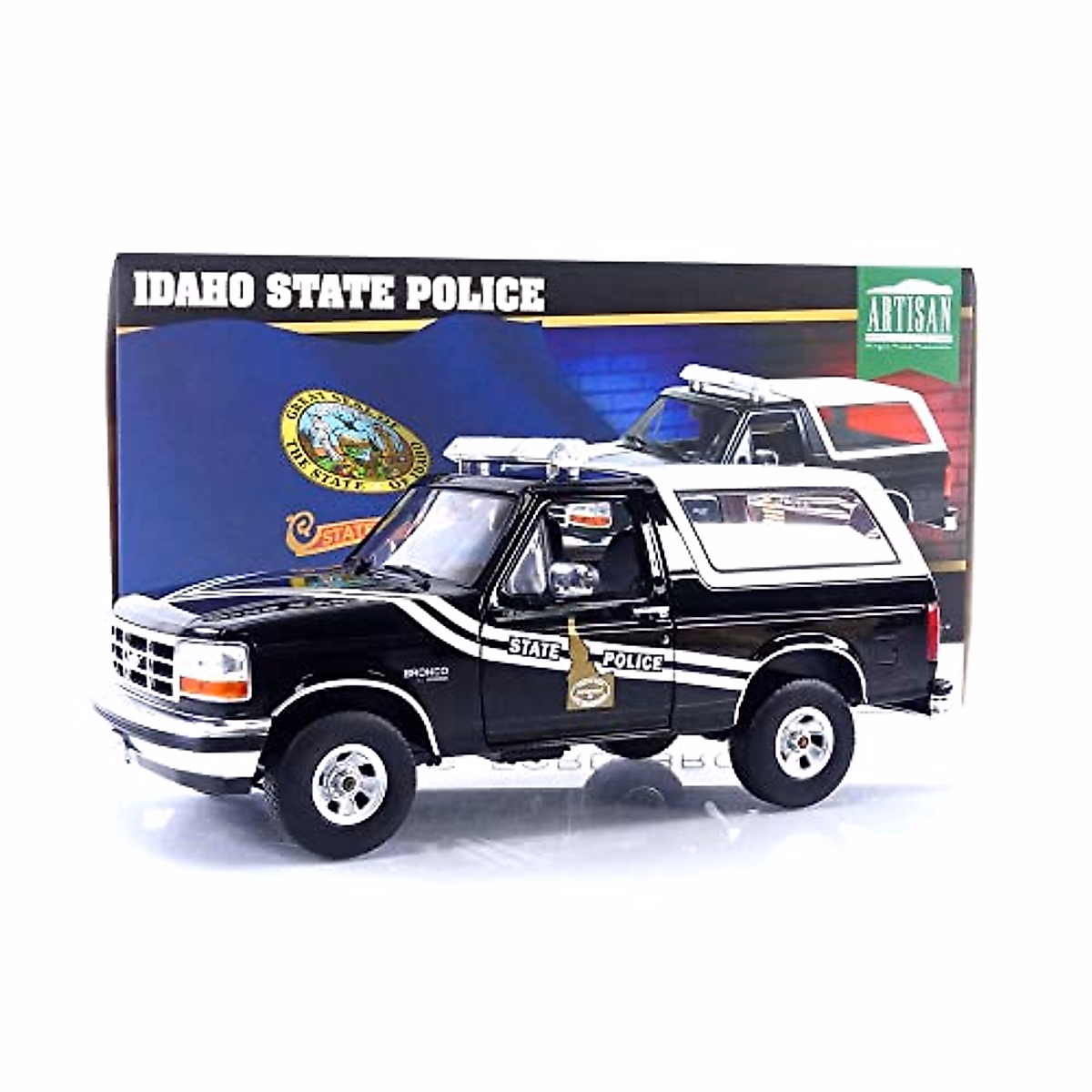 Greenlight 1996 Ford Bronco Black and White Idaho State Police Artisan Collection 1/18 Diecast Model Car