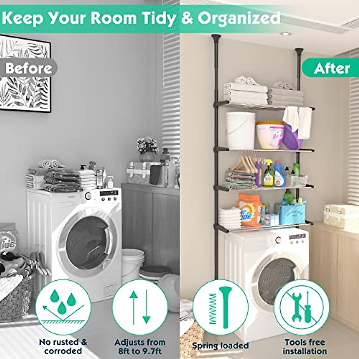 Lilyvane 4 Tiers Over The Toilet Storage, 97 to116” Adjustable Tension Pole Over Toilet Bathroom Organizer, Freestanding Bathroom Shelves Over Toilet for Most Showers Over The Toilet Shelf, Black