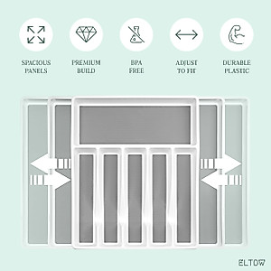 ELTOW Expandable In Drawer Silverware Organizer - Kitchen Storage Silverware Tray For Flatware – Cutlery Holder With 8 Compartments - Multipurpose Organizer Tray For Kitchen & Office Supplies - White