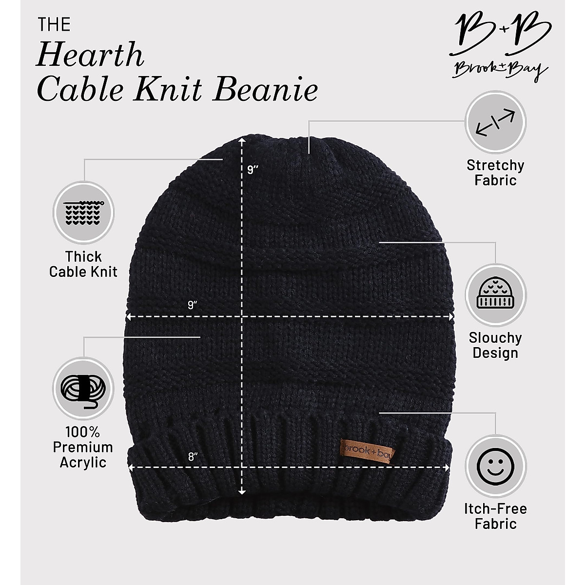 Brook + Bay Slouchy Beanie - Women's Winter Hats, Beanie Slouch Hats for Cold Weather, Oversized Beanie Knitted Hats for Women & Men Black