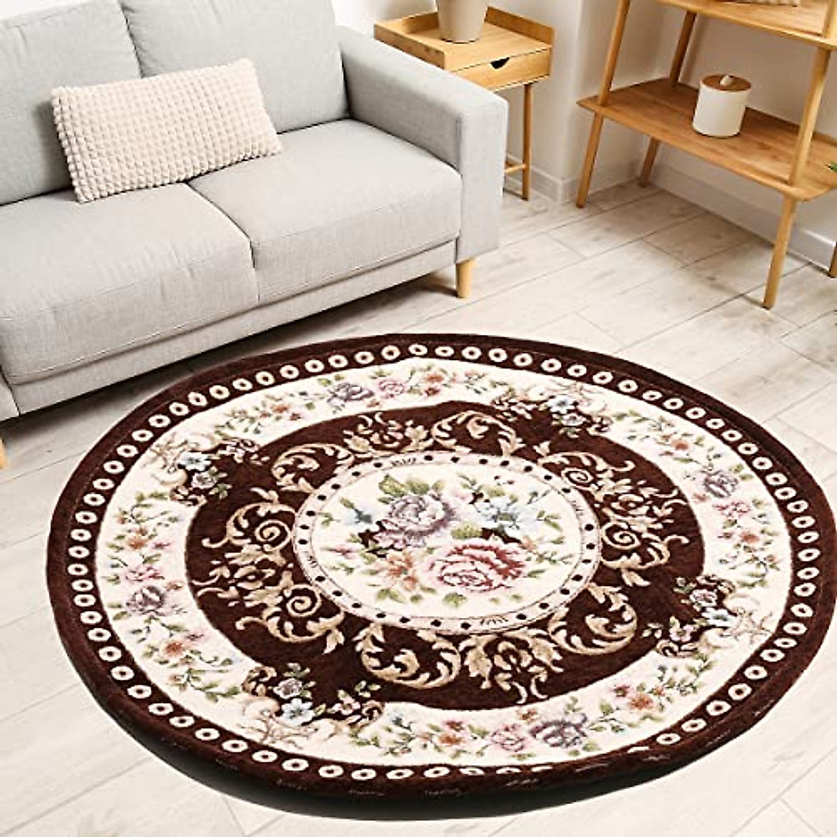 Tyrafry 4ft Floral Round Area Rug Classic Non-Slip Machine Washable Room Mat Sustainable Kitchen Rug Traditional Area Rug for Living Room, Brown