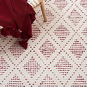 Safavieh Natura Collection Accent Rug - 4' x 6', Ivory & Red, Handmade Moroccan Boho Farmhouse Trellis Braided Tassel Wool, Ideal for High Traffic Areas in Entryway, Living Room, Bedroom (NAT183Q)