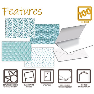 Better Office Products 100-Pack All Occasion Greeting Cards, Assorted Blank Note Cards, 4 x 6 inch, 6 Blue Hue Floral Designs, Blank Inside, with Envelopes, 100 Pack