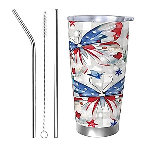 AYCZN Butterfly American 20 OZ Tumbler Stainless Steel Travel Coffee Mug, Usa Flag Star Insulated Water Bottle with Lid and Straws Leakproof Thermal Cup