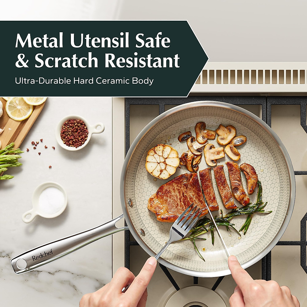 Redchef Non Stick Frying Pans Set, Hybrid Ceramic Frying Pan Set 2 Piece, 8, 10 Inch, Nonstick Skillet with Stay-Cool Handle, Non Toxic, PFAS PFOA & PTFE Free, Dishwasher Safe