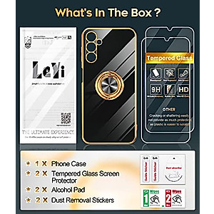 LeYi for Samsung Galaxy A14 5G Case: with 2 Pack Tempered Glass Screen Protector and 360° Rotatable Ring Holder Magnetic Kickstand, Plating Rose Gold Edge Protective Samsung A 14 5G Case, Black