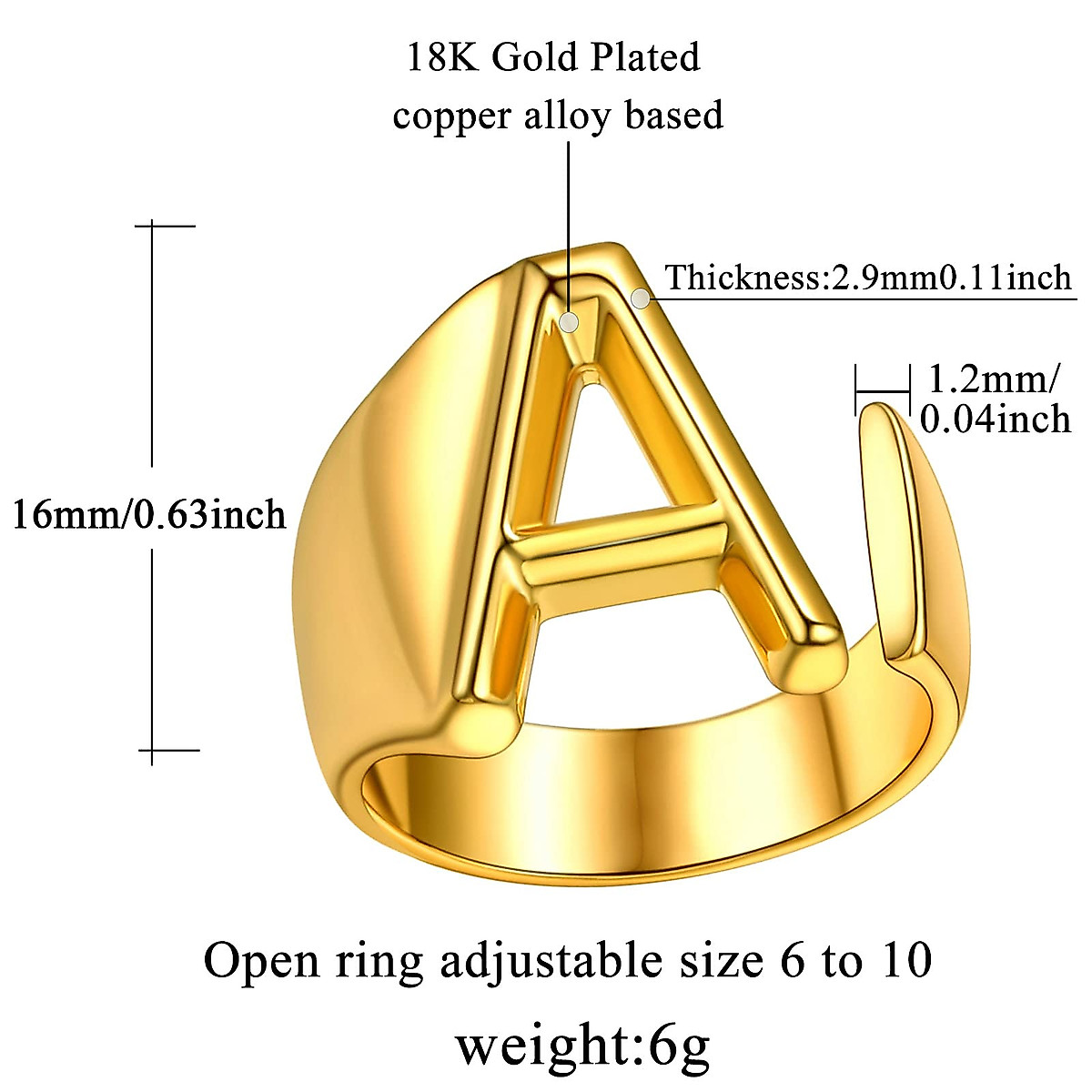 FindChic Initial Ring Chunky Gold Rings That Don't Tarnish Statement Ring for Women Cute Letter A Adjustable Open Rings for Women 18K Gold Plated Stacking Name Ring Size 6 7 8 9 Jewelry