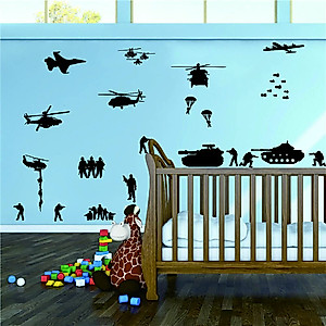 Army Tank Wall Decors Set for Wall Solider Military Helicopter Wall Stickers for Teens Boys Bedroom Kids Room Vinyl Decals (Black (JWH117))