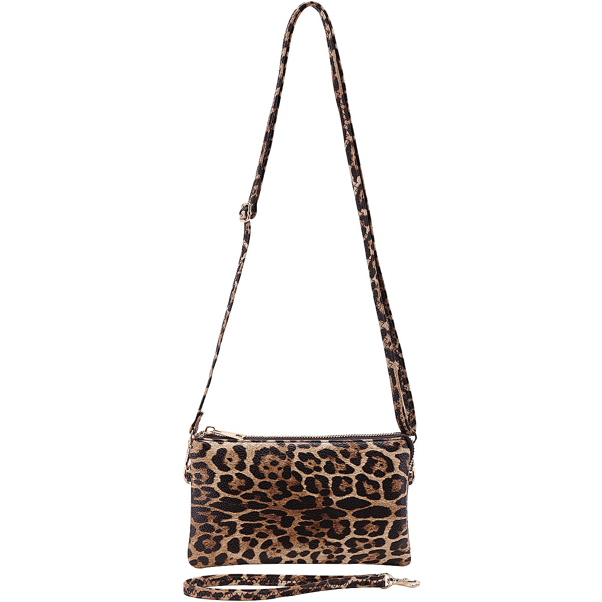 B BRENTANO Vegan Leather Multi-Pocket Crossbody Purse/Clutch with Card Slots, Removable Wristlet & Adjustable Shoulder Strap (Leopard Black)