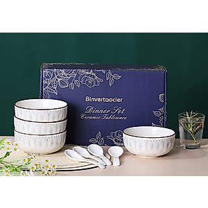 Binvertaocier 6 Inch Ceramic Cereal Bowls Set of 4, 25 Ounce Soup Bowls and Spoons Set for 4,Bowls for Noodle Ramen Dessert Salad Dishwasher & Microwave Safe Gifts for Housewarming