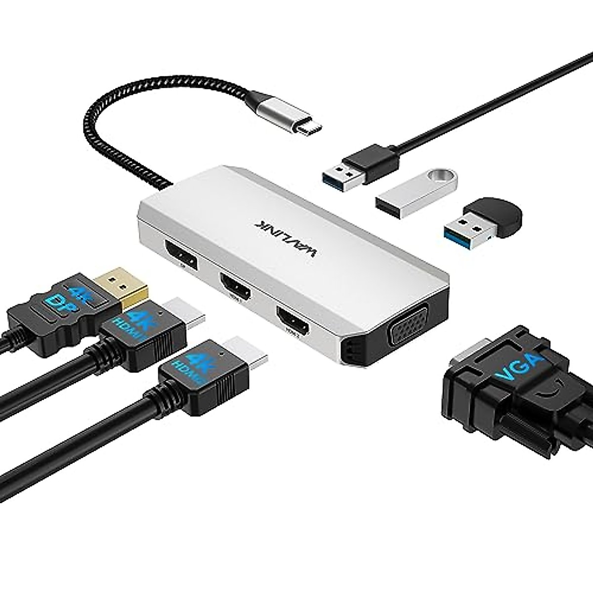 USB C to Dual HDMI Adapter 4K 60hz, 7 in 1 USB C Docking Station with 2 HDMI Displayport VGA Hub, USB C Splitter 4 Monitors Extended Display, USB C Adapter Multiport Dongle for MacBook/Dell/HP/Lenovo