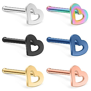 Ruifan 20G 18G Surgical Steel Heart Nose Stud Rings Bone Pin Piercing Jewelry 3-6PCS