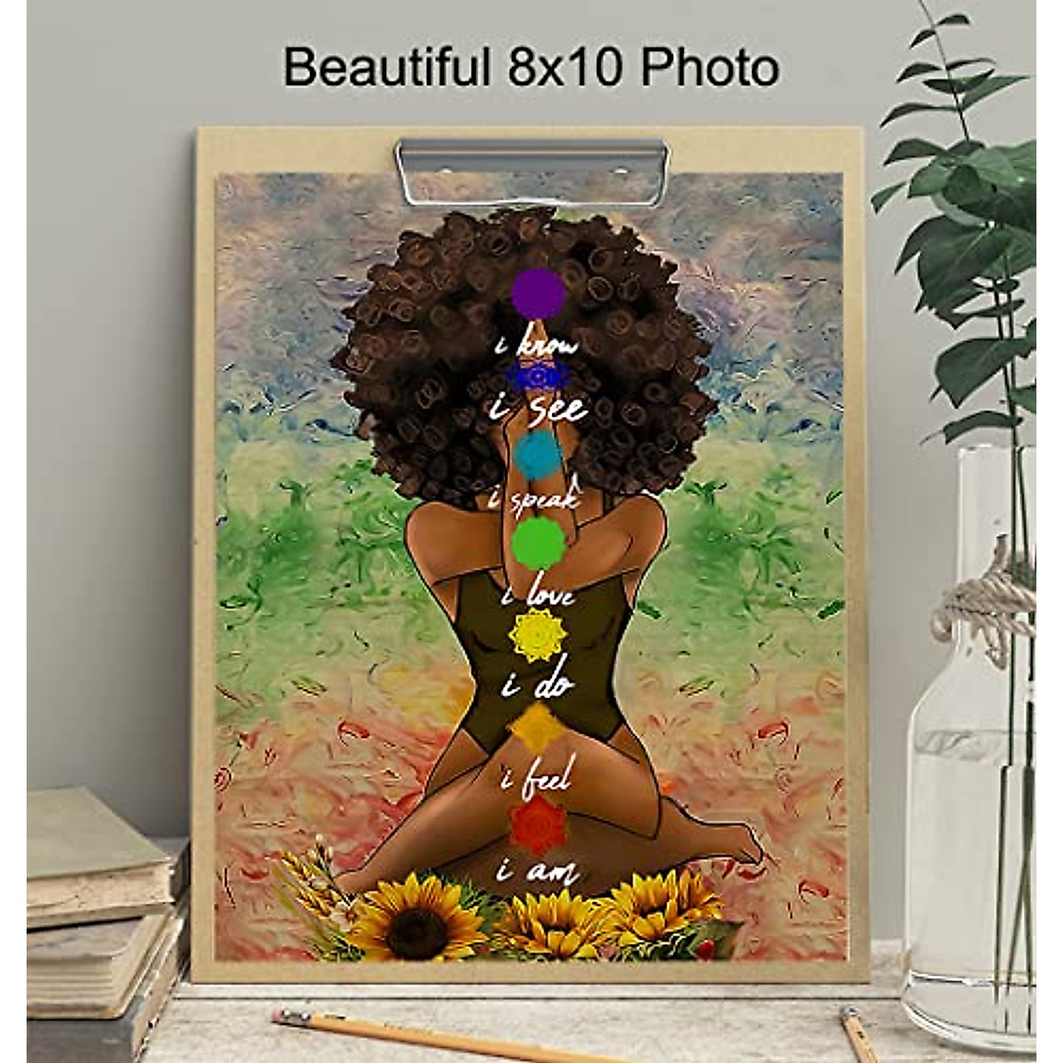 Black Art for African American Women - Boho Positive Affirmations Zen Meditation Decor - Inspirational Afro Yoga Wall Art - New Age Hippie Chakra Room Decor - Personal Growth Uplifting Spiritual Gifts