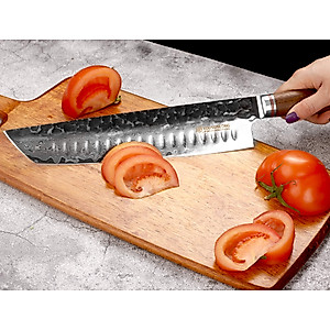 YOUSUNLONG Tanto Chef Knife 10 inch Japanese Hammered Damascus Steel - Natural Walnut Handle with Leather Sheath