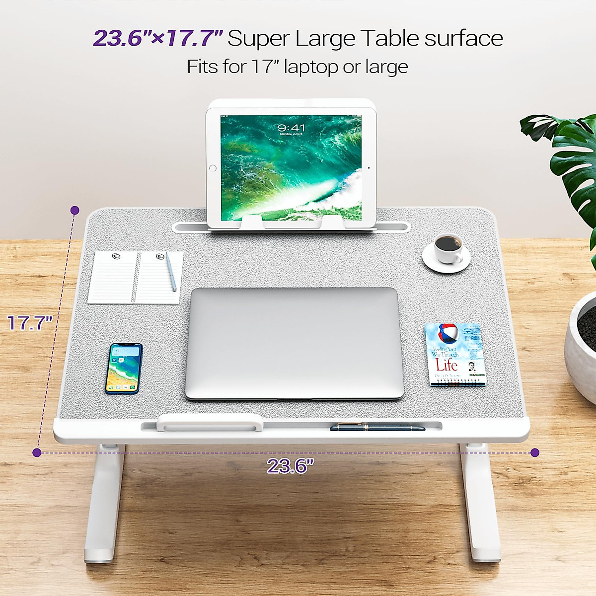NEARPOW XXL Bed Table Desk for Laptop and Writing, Adjustable Computer Tray Laptop Stand for Bed or Sofa with Anti-slip Leather, Removable Stopper, Book Stand and Drawer - Gray