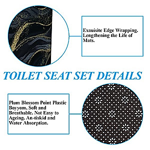 4Pcs Black Marble Shower Curtain Sets, Dark Grey Gold Wave Bathroom Curtain with Toilet Lid Cover, Contour Mat and Bath Rug, Abstract Luxury Night Ripple Marble Modern Bath Decor with 12 Hook, 72 x 72