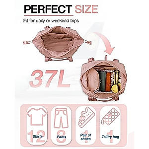 Weekender Bags for Women, BAGSMART Travel Duffel Bags with Shoe Compartment,Personal Item Travel Bag for Airlines, Carry on Overnight Tote Bag with Toiletry Bag, Black, Dark Pink-M-2PCS