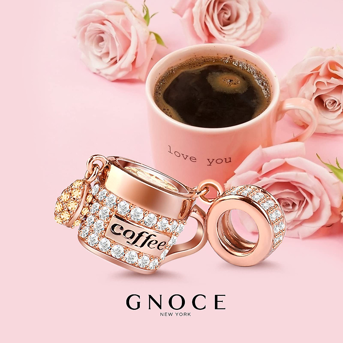 GNOCE Rose Gold Coffee Cup Pendant Charms for Bracelet/Necklace 925 Sterling Silver Dangle Charms For Women Mom Daughter Wife Jewelry Gift
