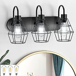Elibbren Retro Style Industrial Bathroom Vanity Light 3 Lights, Vintage Matte Black Wall Sconce with Cage, Farmhouse Bathroom Wall Light Fixture for Bathroom Vanity, UL Listed (Bulbs Included)