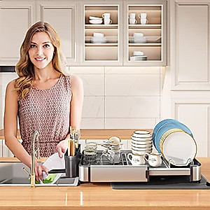 Aluminum Dish Drying Rack for Kitchen Counter - Rustproof Large Dish Racks, Expandable Sink Dish Strainers with Utensil Holder and Drainboard, Silver