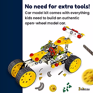 3 Bees & Me STEM Car Building Erector Toy Kit | Educational Metal Project for Boys and Girls Aged 8-11 Years Old (Ages 6-7 with Help) Beginner Gift Set for STEM Learning and Junior Engineers