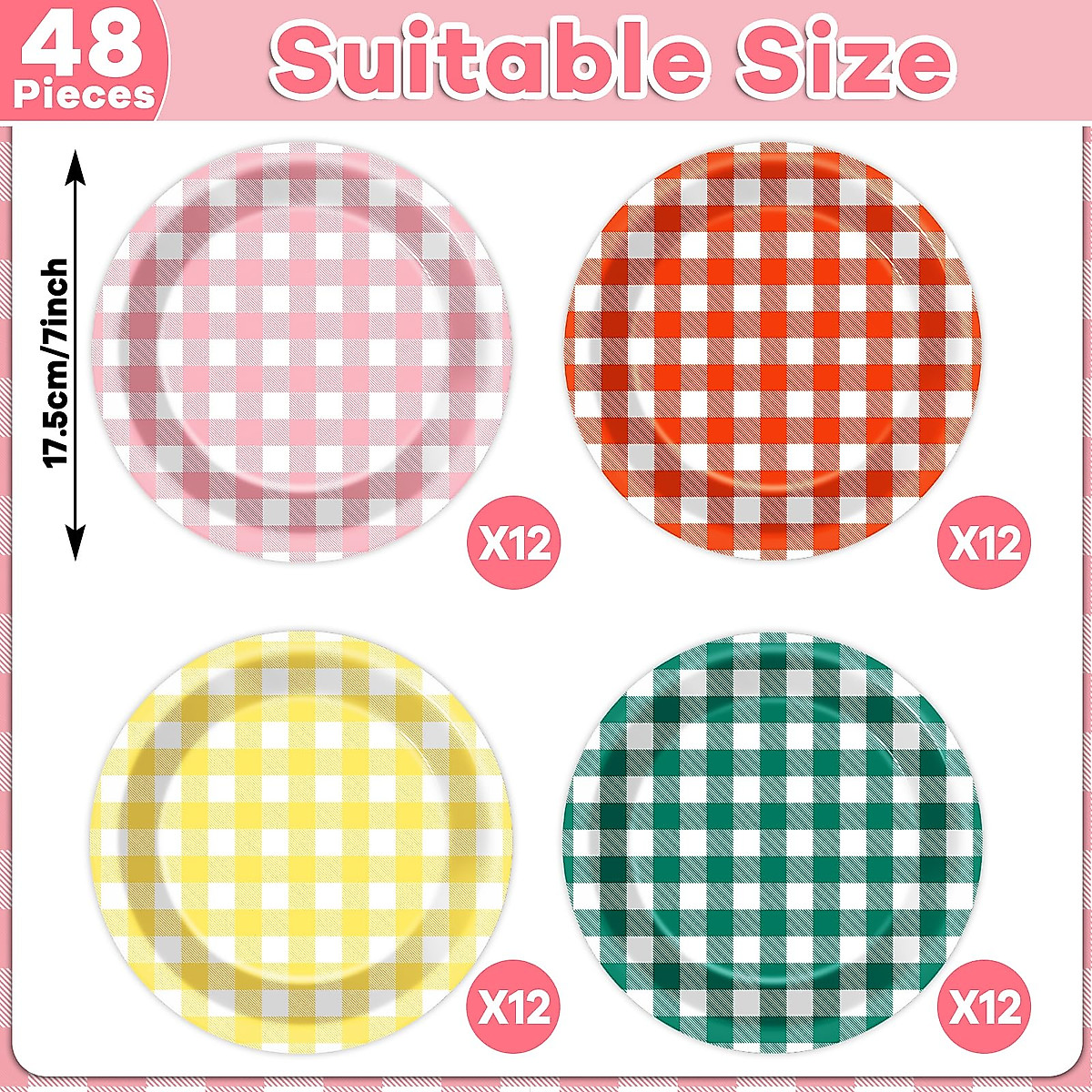 Lonfliness 48Pcs Camp Gingham Paper Plates 7Inch Gingham Checkered Bachelorette Party Supplies Glamping Birthday Tableware Dinnerware Set Summer Plaid Camping Themed Party Favors Baby Bridal Shower