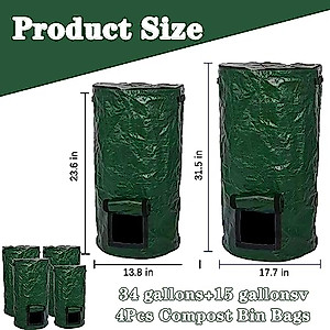 4 Pieces Garden Compost Bin Outdoor,Reusable Garden Yard Waste Bag Reusable Lawn Leaf Bags with Zipper Lid and Handles,Yard Waste Bag Container for Kitchen Waste（3×34Gallon +1×15Gallon ）