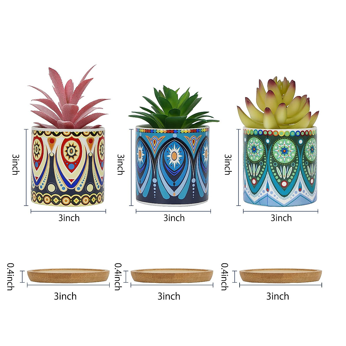 Hamore 5" Artificial Succulents in Bohemian Ceramic Pots, Set of 3 Ceramic pots & Bamboo Trays with Succulents Plants Artificial, Fake Plants for Desk Office Bathroom Bedroom Living Room