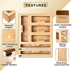 Silk N Sage Bamboo Storage Bag Organizer - 6 in 1 Foil and Plastic Wrap Organizer with Cutter suitable for Gallon, Quart, Sandwich Bag and Wrapping Papers.