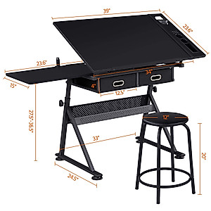 Topeakmart Drafting Table Height Adjustable Drawing Draft Desk Tiltable Tabletop Art Craft Work Station with Extra Retractable Board Table Stool Set for Diamond Painting Sewing Graphic Designere