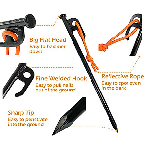 Sutekus Metal Tent Stakes with Reflective Pull Cord Heavy-Duty Forged Steel Tent Pegs Solid Tent Anchors and Camping Spikes for Camping Hiking Outdoors (8"/16PCS)