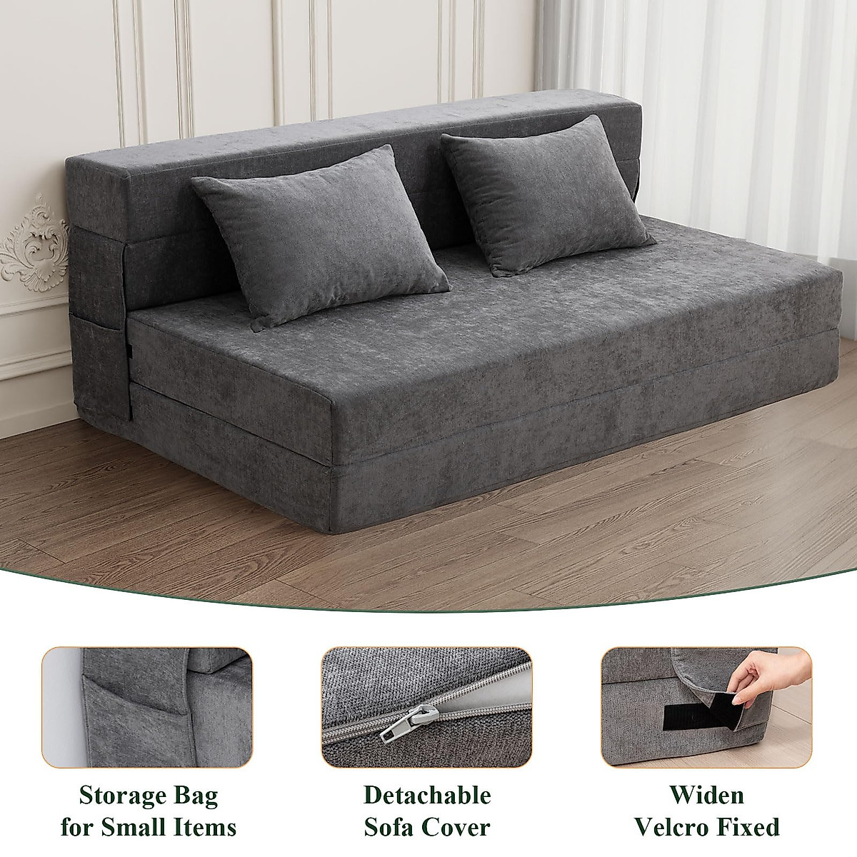 HOMFINE Folding Sofa Bed Queen, Grey