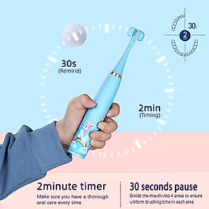 Sunartec Kids Electric Toothbrush, Six-Sided Inside and Outside Cleaning Rechargeable Sonic Toothbrushes with Timer &2 Brush Heads & Four Cleaning Modes, Training Brushing Teeth for Kids Gifts(Blue)